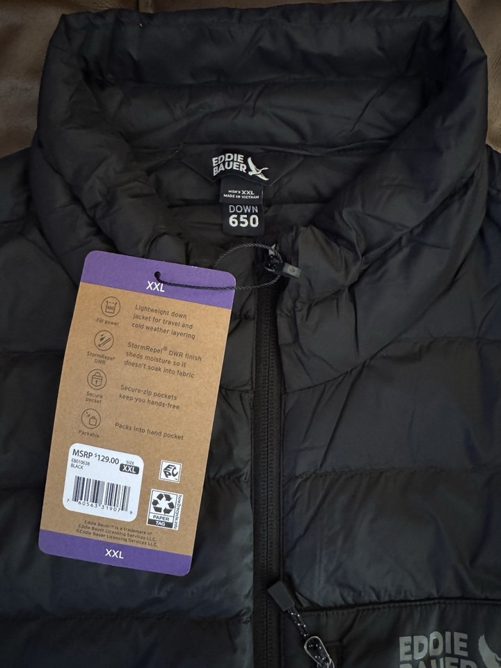 NEW Eddie Bauer Men’s 650 Down Lightweight Puffer Packable Jacket Black ...