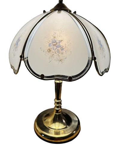 Vintage Blue Floral Touch Lamp Glass Panels Brass Stand Height 22”x14 ...