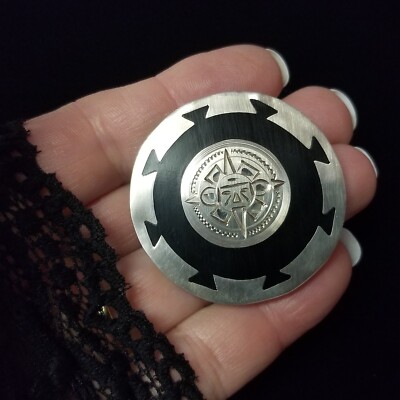 Mexico 925 Mayan Aztec Mask Brooch Pin Sterling Silver Onyx Shield ...