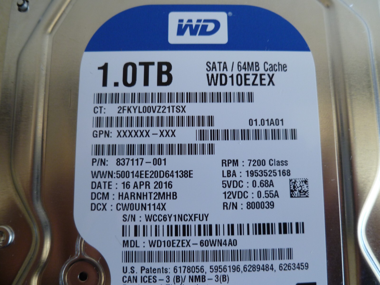 WESTERN DIGITAL WD10EZEX-60WN4A0 1TB SATA HARD DRIVE DCM:HARNHT2MHB | eBay