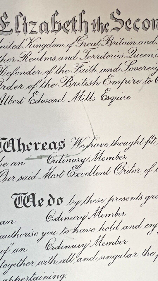 Queen Elizabeth II Signed OBE Certificate - Albert E Mills. Excellent ...