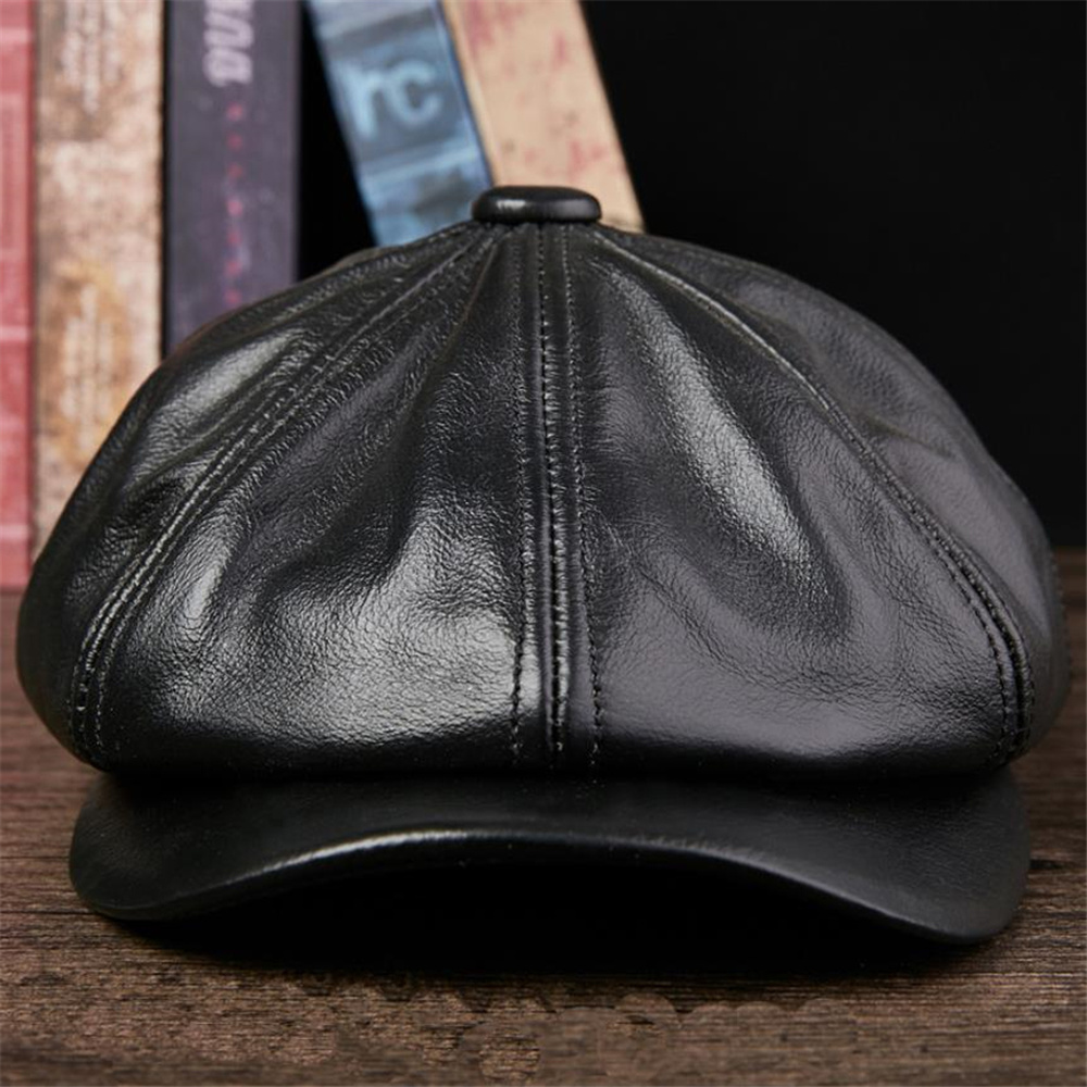Genuine Leather Newsboy Cap Men Winter Black Octagonal Cap For Men Flat ...