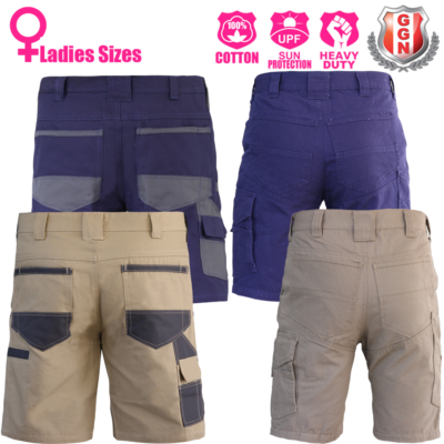 Ladies Cargo Work Shorts Cotton Drill Multi pockets NAVY KHAKI PLAIN ...