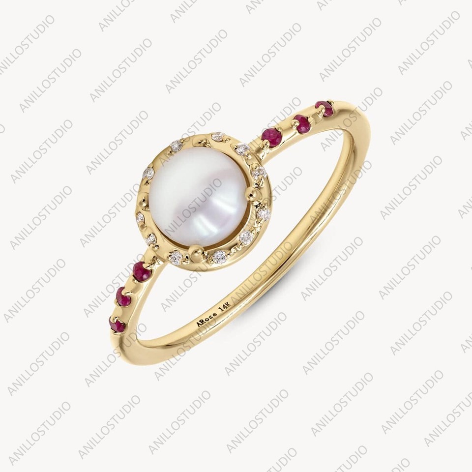 5mm Pearl, Ruby & Diamond Stack Wedding Ring 14k Gold Starry ...