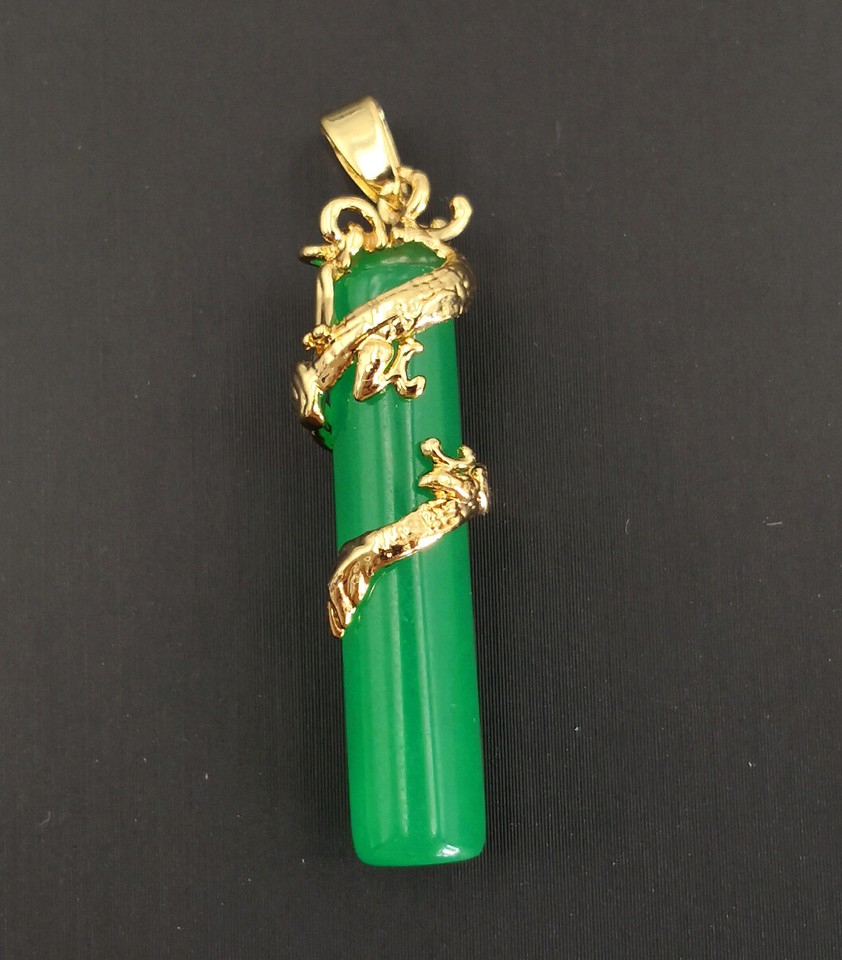 Light Green Aventurine Jade Dragon Coil Pillar Column 18KGP Pendant ...