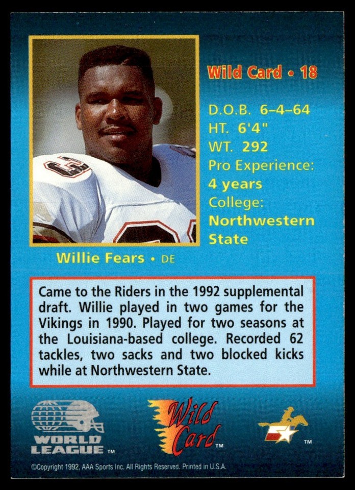 1992 Wild Card WLAF Willie Fears San Antonio Riders #18 | eBay