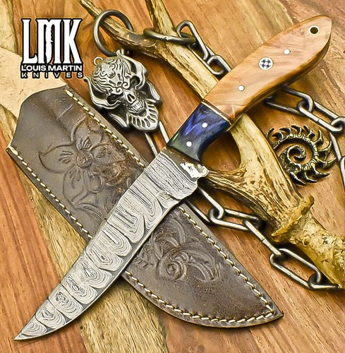 LMK Handmade Full Tang Knife Twist Damascus Olive Wood Wooden Bolster ...