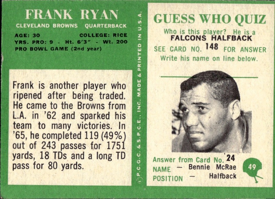 1966 Philadelphia Frank Ryan Cleveland Browns #49 | eBay