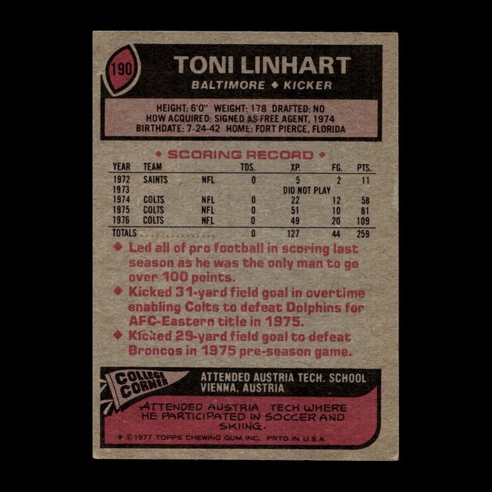 Toni Linhart 1977 Topps Baltimore Colts #190 R324D 33 | eBay