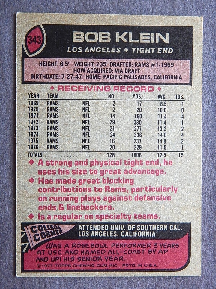 Bob Klein #343 Topps 1977 Football Card (Los Angeles Rams) VG | eBay