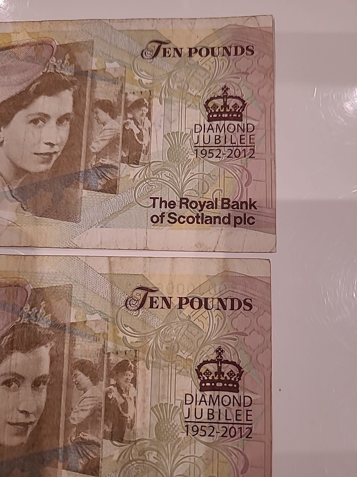 Queen Elizabeth II Diamond Jubilee £10 Bank Notes 2 x 10 Pound Notes ...