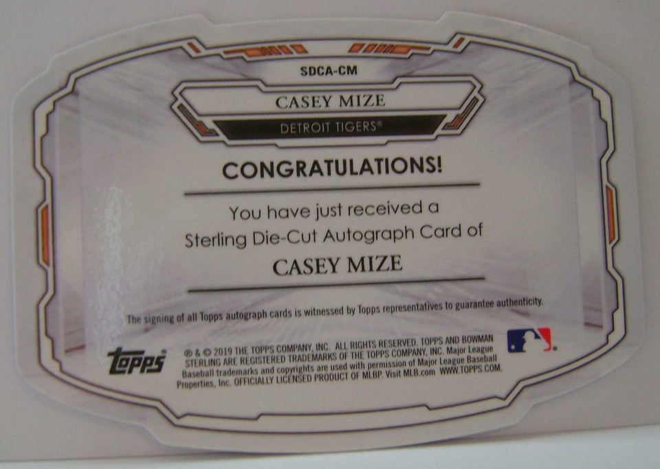 CASEY MIZE /30 ON CARD AUTO AUTOGRAPH DIE-CUT TOPPS BOWMAN STERLING ...