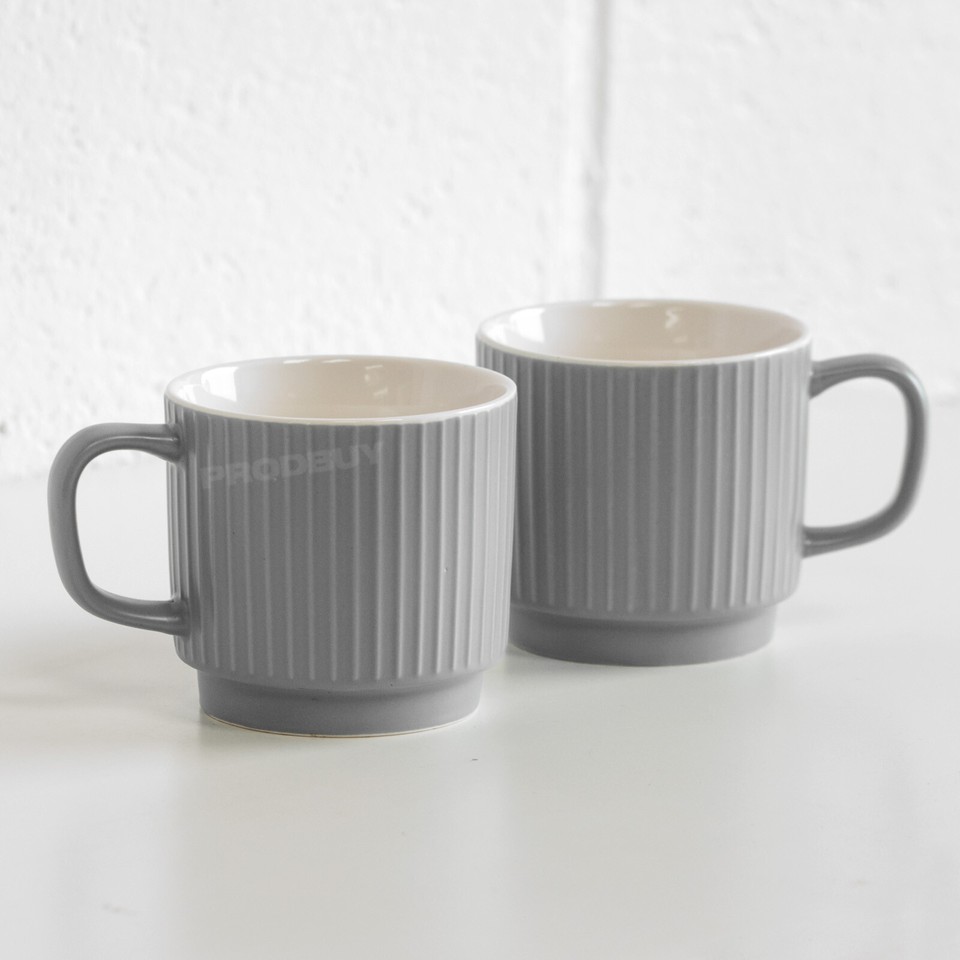 Set of 2 Grey Coffee Mugs 370ml Ribbed Stackable 13oz Ceramic China Tea ...