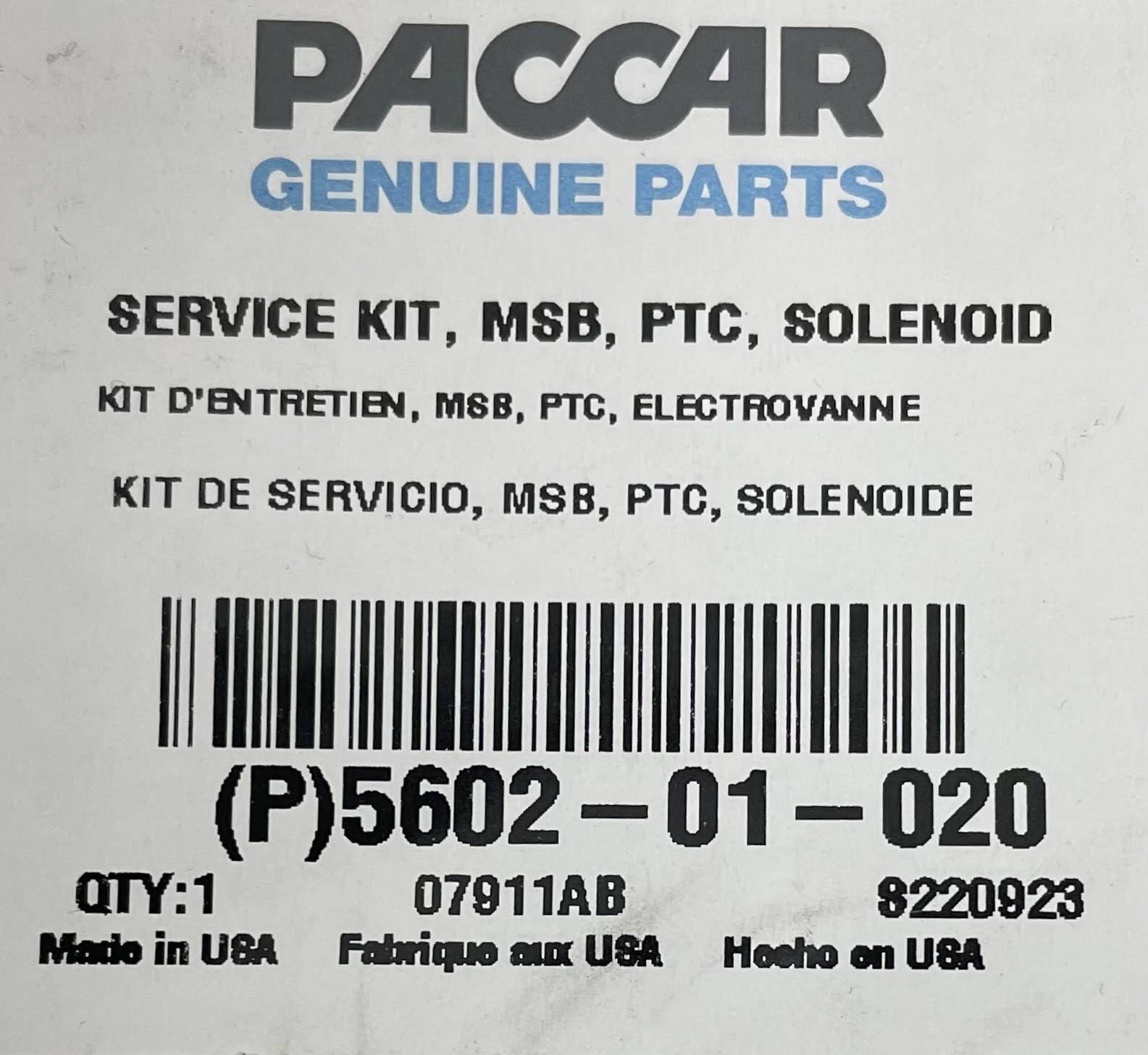 5602-01-020 PACCAR MSB PTC BASE 1 SERVICE KIT. AIR/ELECTRIC SOLENOID ...