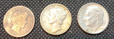 3 DIFFERENT UNITED STATES SILVER DIMES L1891 BARBER, MERCURY,ROOSEVELT ...