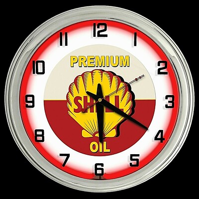 16" Shell Premium Oil Sign Red Neon Clock Gasoline Motor Oil Gas | eBay