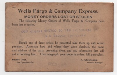 1907 Wells Fargo Card for Lost or Stolen Money Orders San Francisco to ...