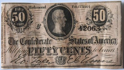 1864 US Richmond .50 Cents Fifty Cents Confederate Banknote Paper Money ...