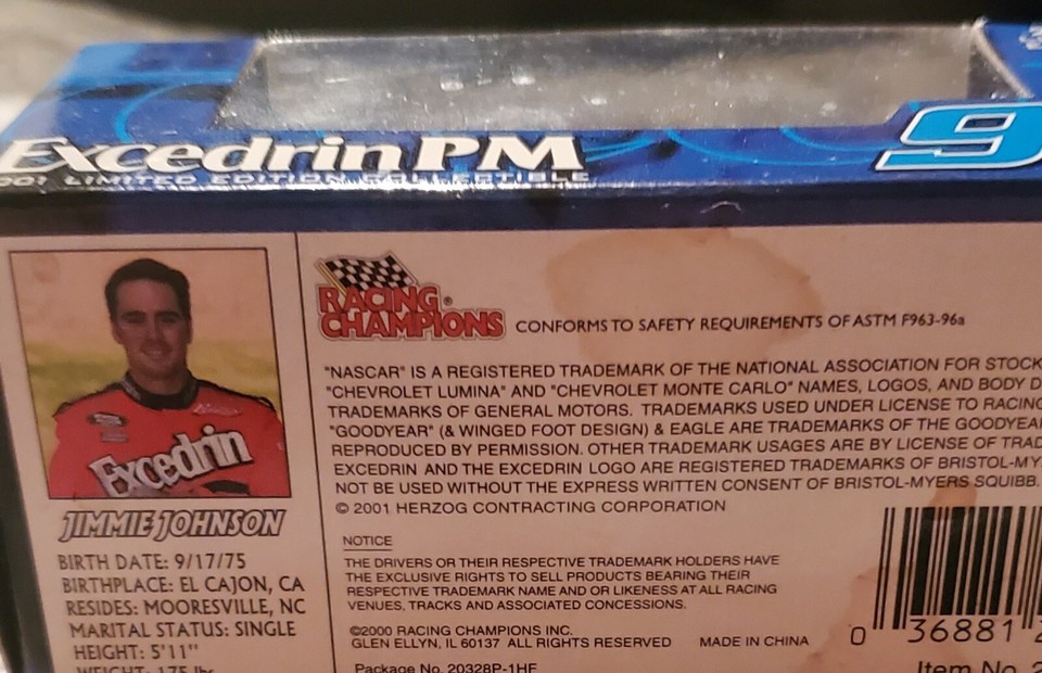 Jimmy Johnson Nascar Excedrin Pm 2001 Limited Edition Collectible 92 ...