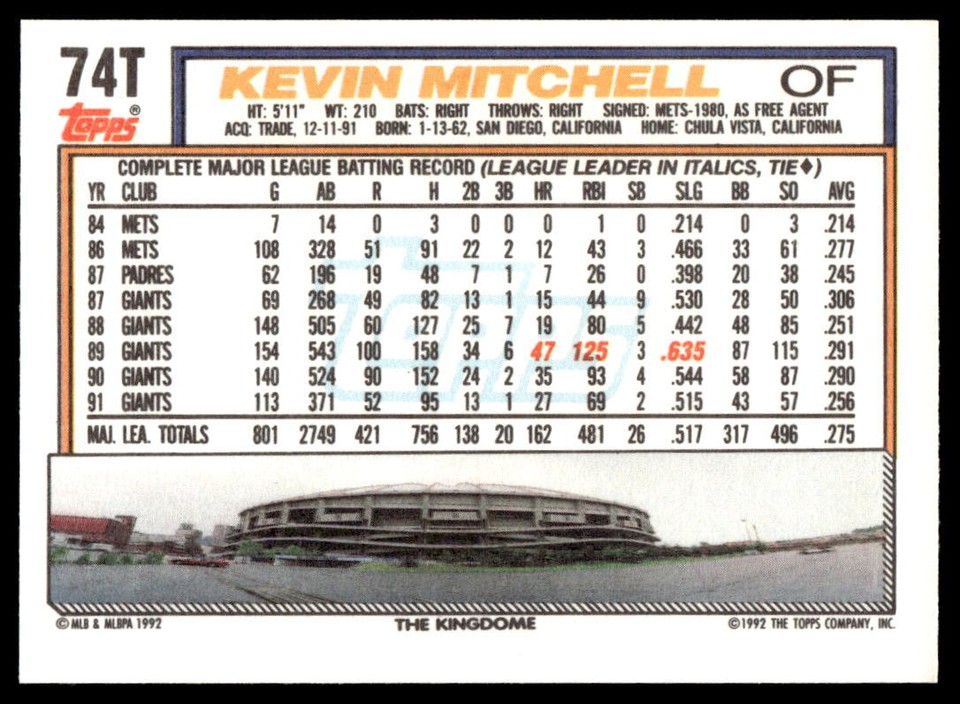 1992 Topps Traded 74T Kevin Mitchell Seattle Mariners Baseball Card | eBay
