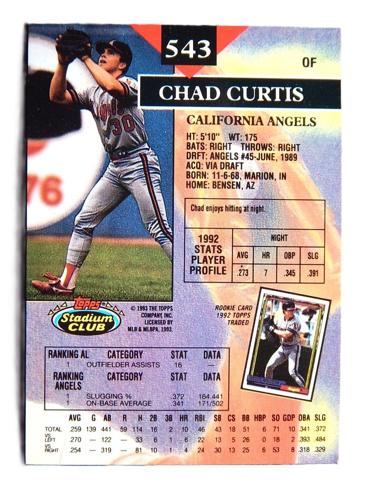 Chad Curtis #543 Topps Stadium Club 1993 Baseball Card (California ...