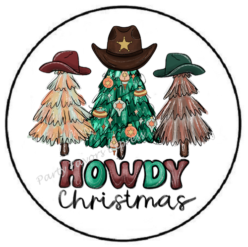 HOWDY CHRISTMAS COWBOY HAT TREES ENVELOPE SEALS LABELS STICKERS PARTY ...