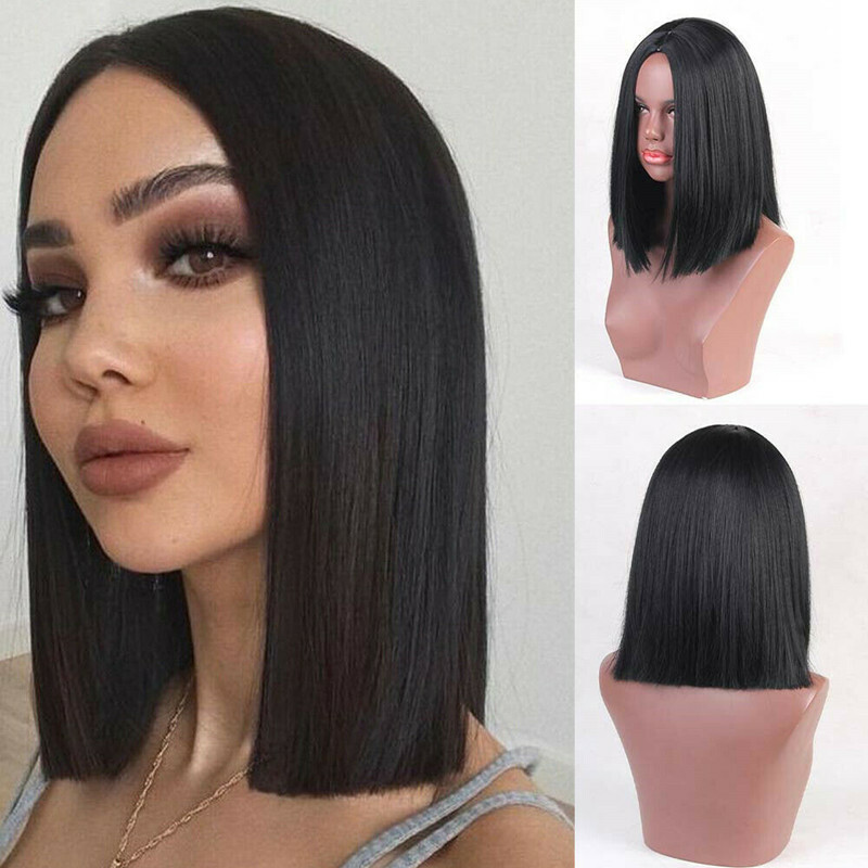 Women Short Straight Black Bob Wig Middle Part Synthetic Heat Safe ...