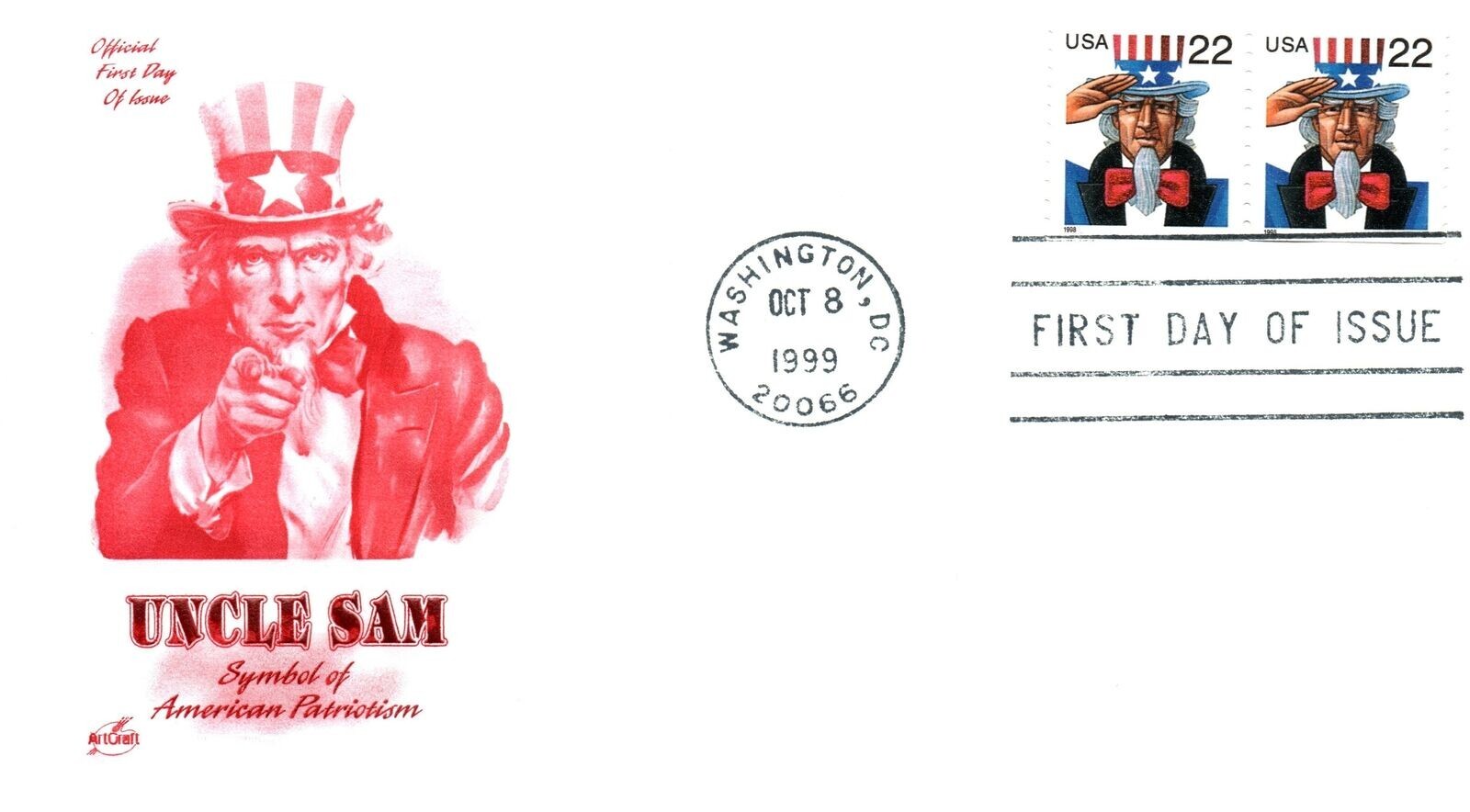 UNCLE SAM PATRIOTIC HAT COIL PAIR 1999 ARTCRAFT CACHET FDC VF UNADDR | eBay