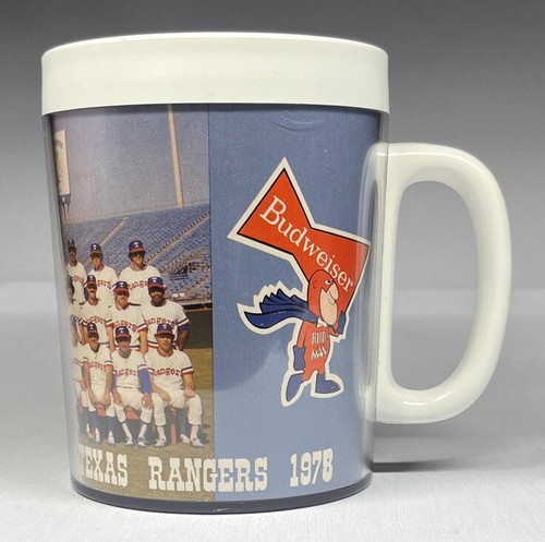 Texas Rangers Thermo Serv Plastic Coffee Cup MLB Bud Man Budweiser 1978 ...