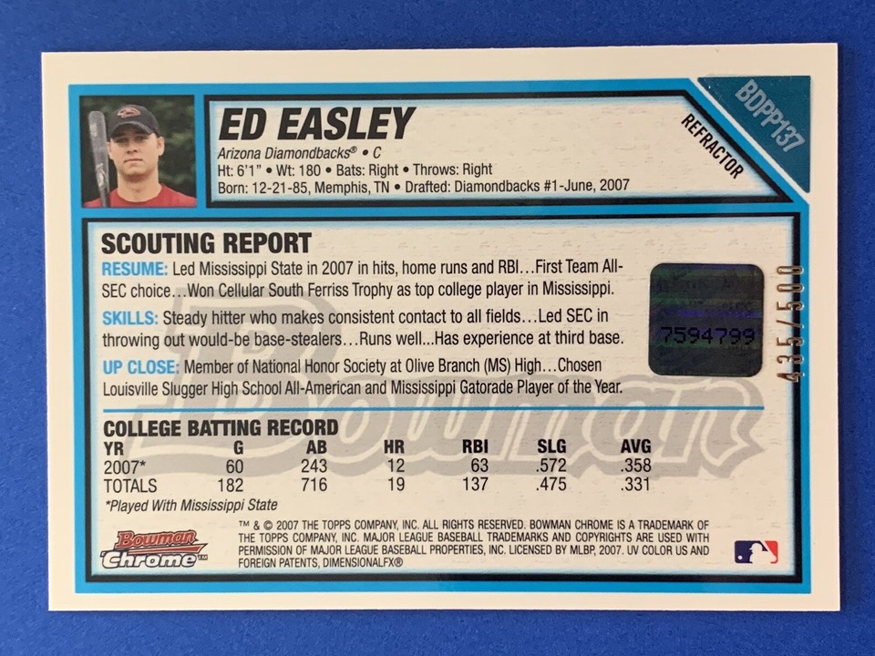 ED EASLEY Signed REFRACTOR 2007 Bowman Chrome MISS STATE BULLDOGS ...