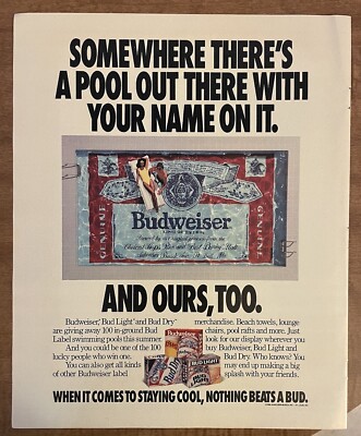 1990 Budweiser Beer Pool With Your Name On It 90s Print Ad | eBay