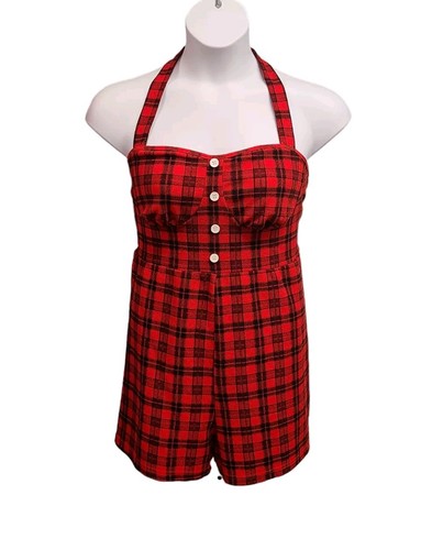 Shein Curve Romper Womens 1x Red Plaid Halter Neck Sweetheart Neckline ...