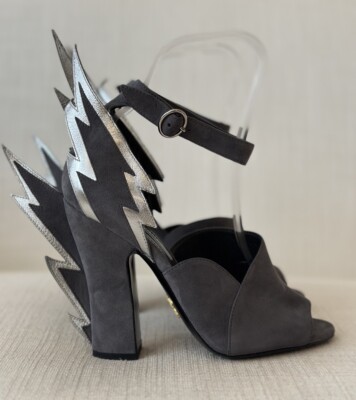 Prada Grey Suede Lightning Bolt / Flame Block Heel Shoes Size 34 NEW ...