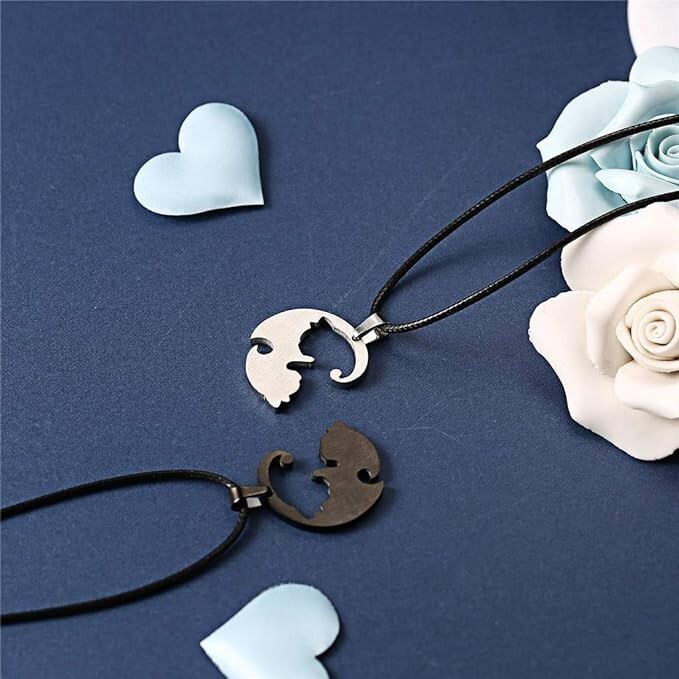 2 Piece Black & Silver Cat Matching Necklace Couple Cute Pendant Love ...