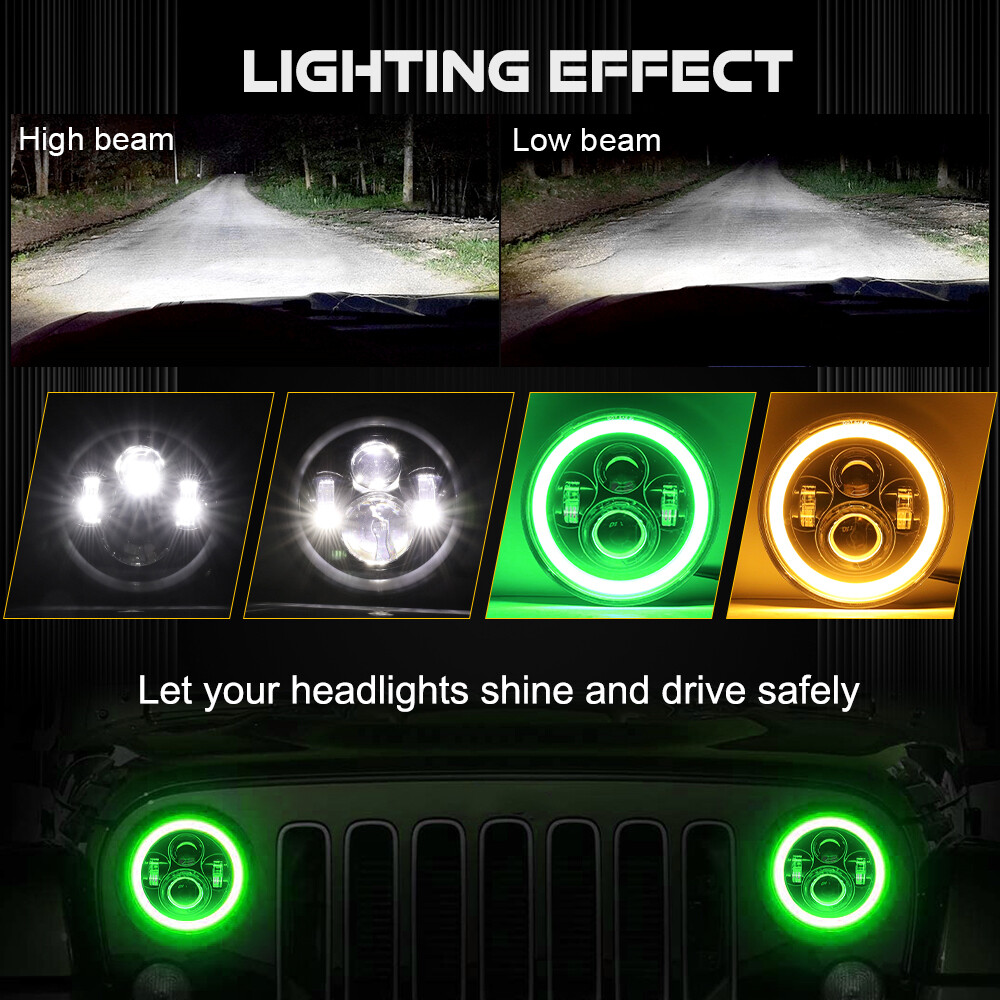 Pair 7" Round Inch LED Headlights Green Halo Angle Eyes For Wrangler JK ...