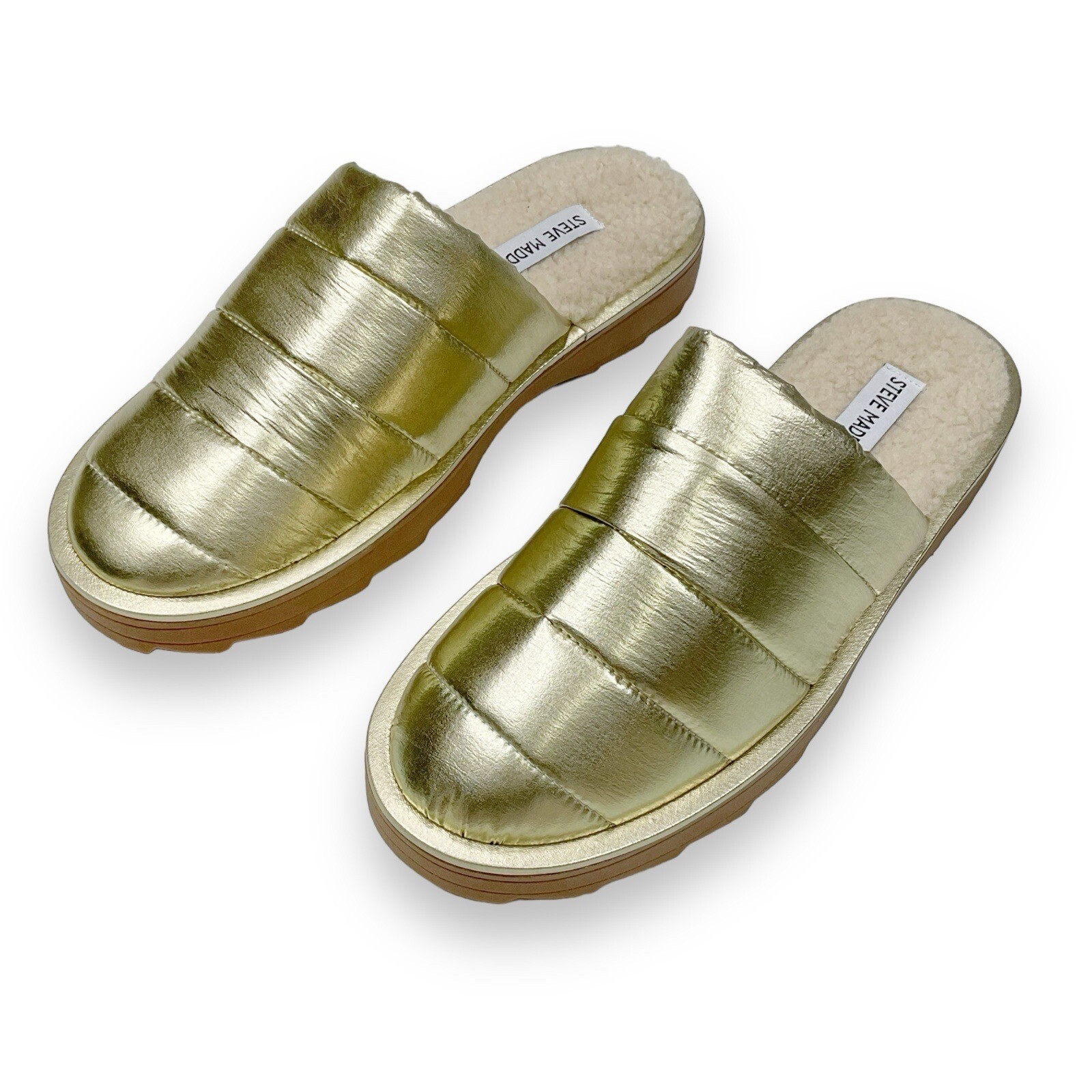 Steve Madden Womens Chex Gold Round Toe Quilted Puffer Fur Mules Size ...