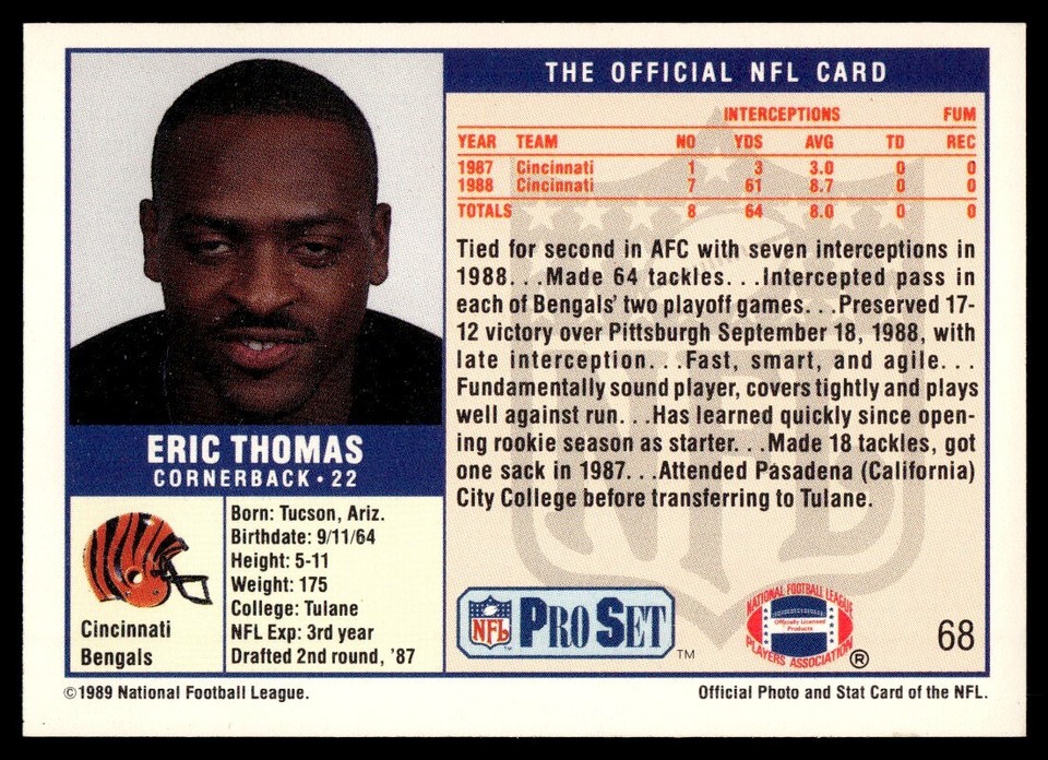 1989 Pro Set Eric Thomas Rookie Cincinnati Bengals #68 | eBay