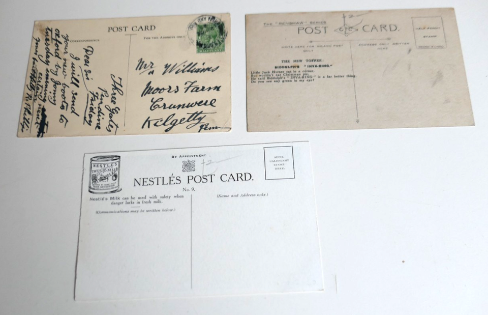 ORIGINAL 3 COLOUR ADVERT POSTCARDS 1927 NESTLE BIDDULPHS TOFFEE W P ...