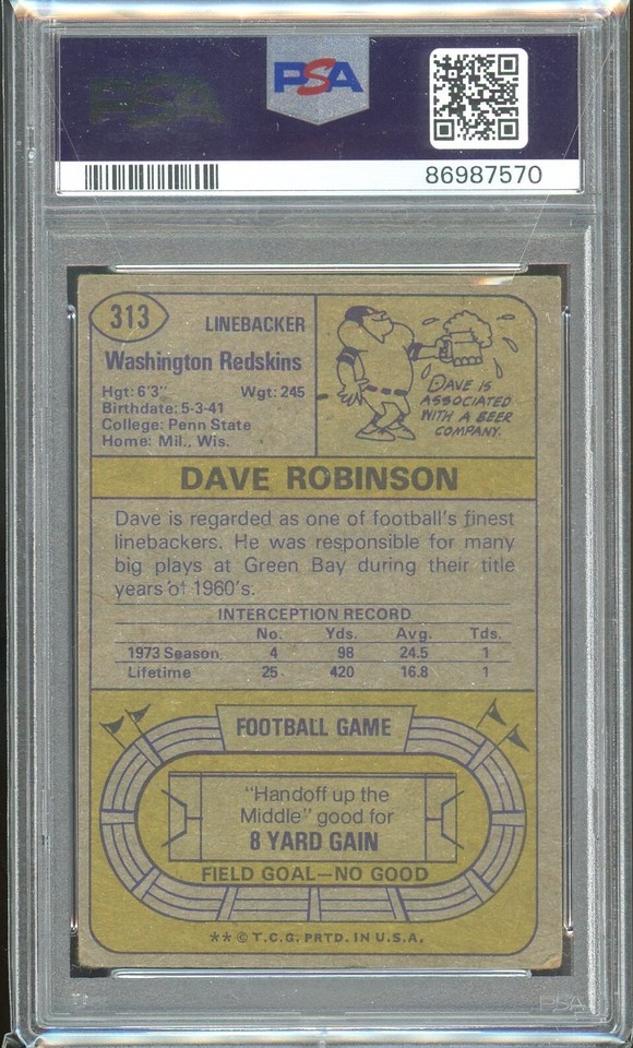 Dave Robinson Signed 1974 Topps #313 PSA/DNA Redskins Autographed Card ...