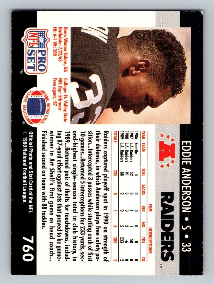 1990 Pro Set #760 Eddie Anderson RC Rookie Los Angeles Raiders | eBay