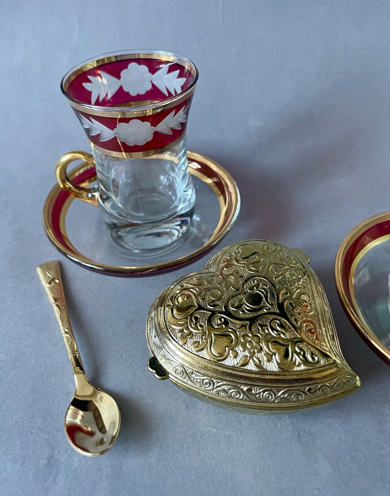 Elegant Tea Set for Two - Floral Motif Glass Cups with Burgundy and ...