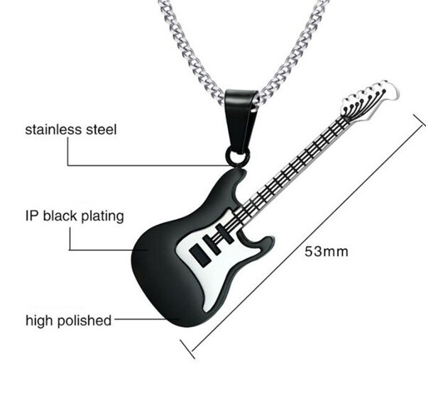 Electric Guitar Pendent Necklace - Black Stainless Steel with Chain ...