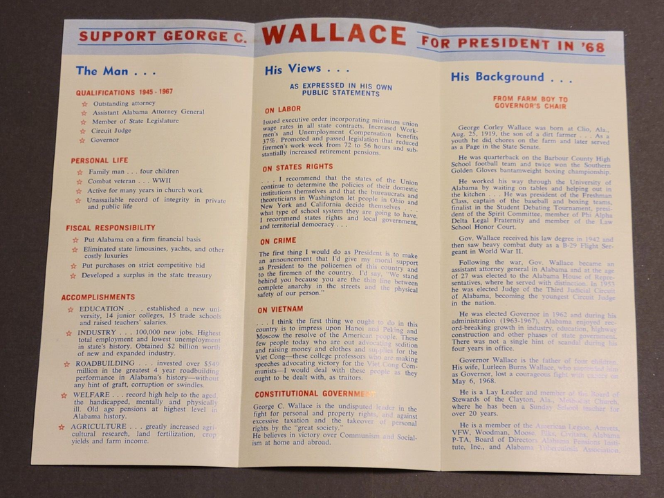 GEORGE C. WALLACE for President "Stand Up For America" 1968 Brochure ...