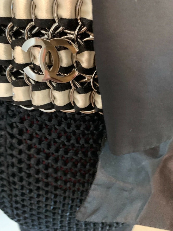 CHANEL WIDE CHAIN RIBBON BOW BELT 06A RARE CC BLACK IVORY SILVER ...