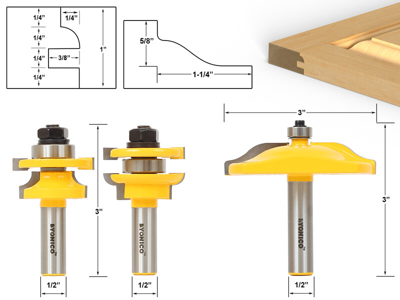 Round Over 3 Bit Cabinet Door Router Bit Set - 1/2" Shank - Yonico ...