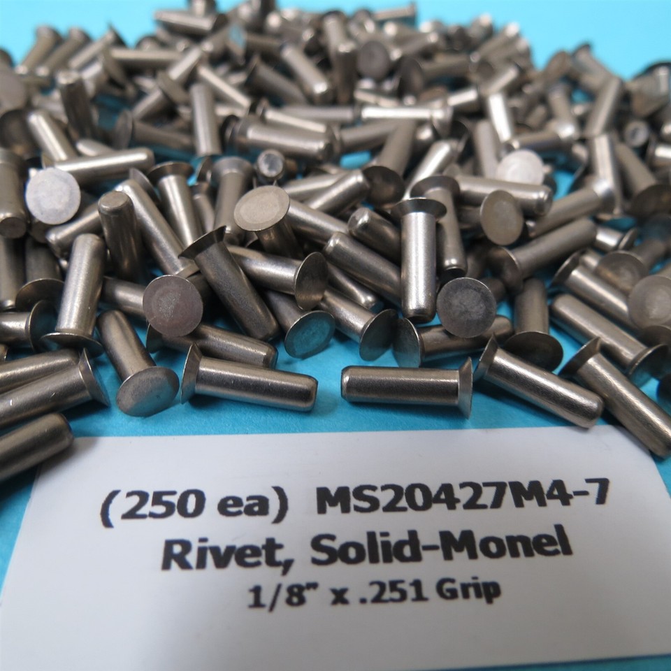 250 Aircraft Standard MS20427M4-7 Monel 1/8” Countersunk Rivets .251 ...