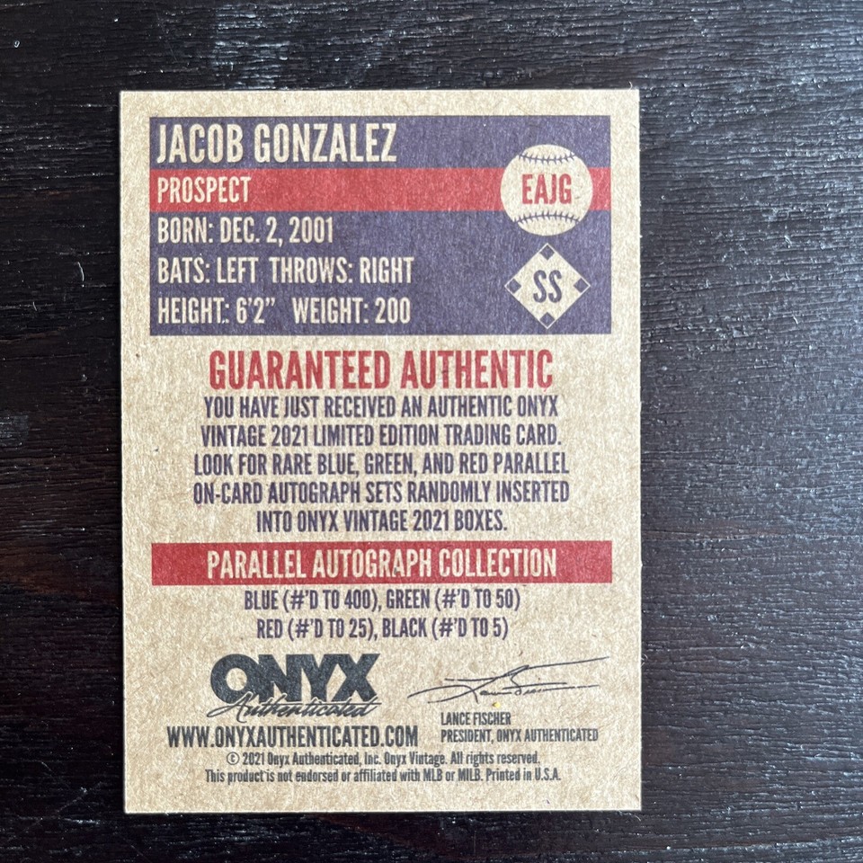 Jacob Gonzalez 2021 Onyx Vintage Auto Autograph Green /50 On-card WHITE ...