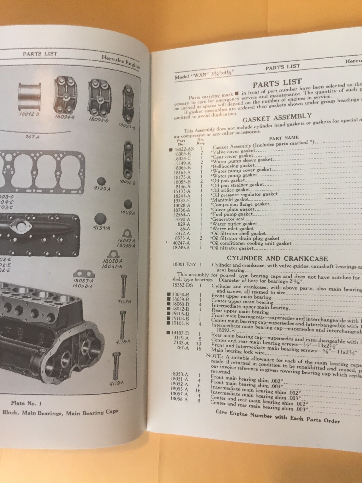 HERCULES ENGINE PARTS LIST WX SERIES 6 CYLINDER ENGINE WXA WXA2 WXB WXC ...