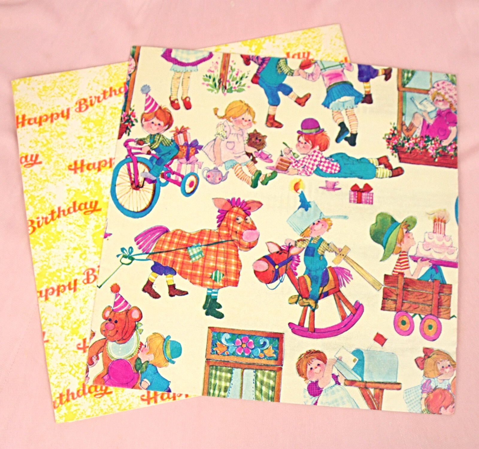 Vintage Childrens Birthday Old Fashioned Colorful Gift Wrapping Paper ...