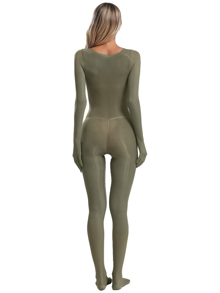 Women Glossy Sheer Gloved Long Sleeve Jumpsuit Full Body Bodysuit ...